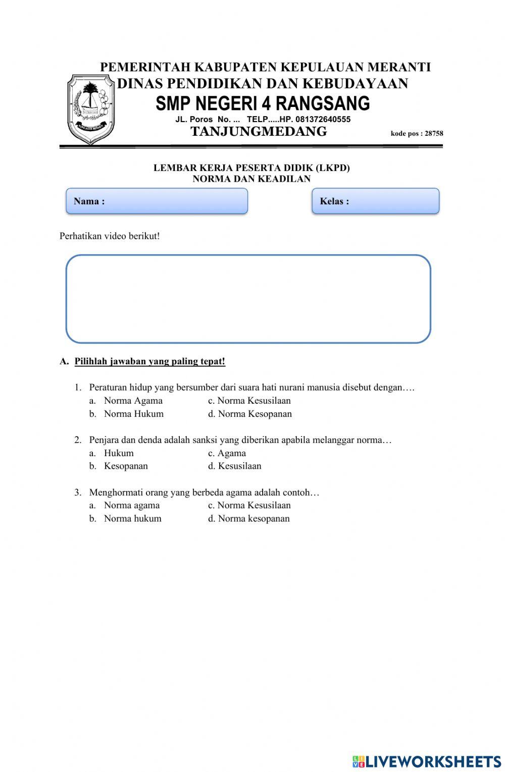NORMA DALAM KEHIDUPAN SEHARI-HARI interactive worksheet | Live Worksheets