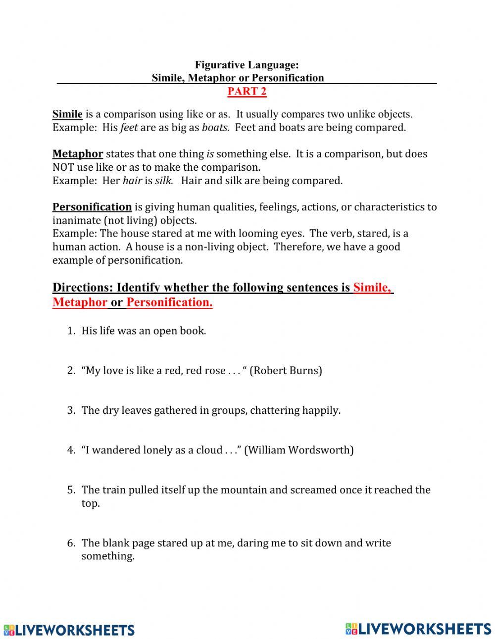 PART 2: Simile, Metaphor, Personification online exercise for | Live ...