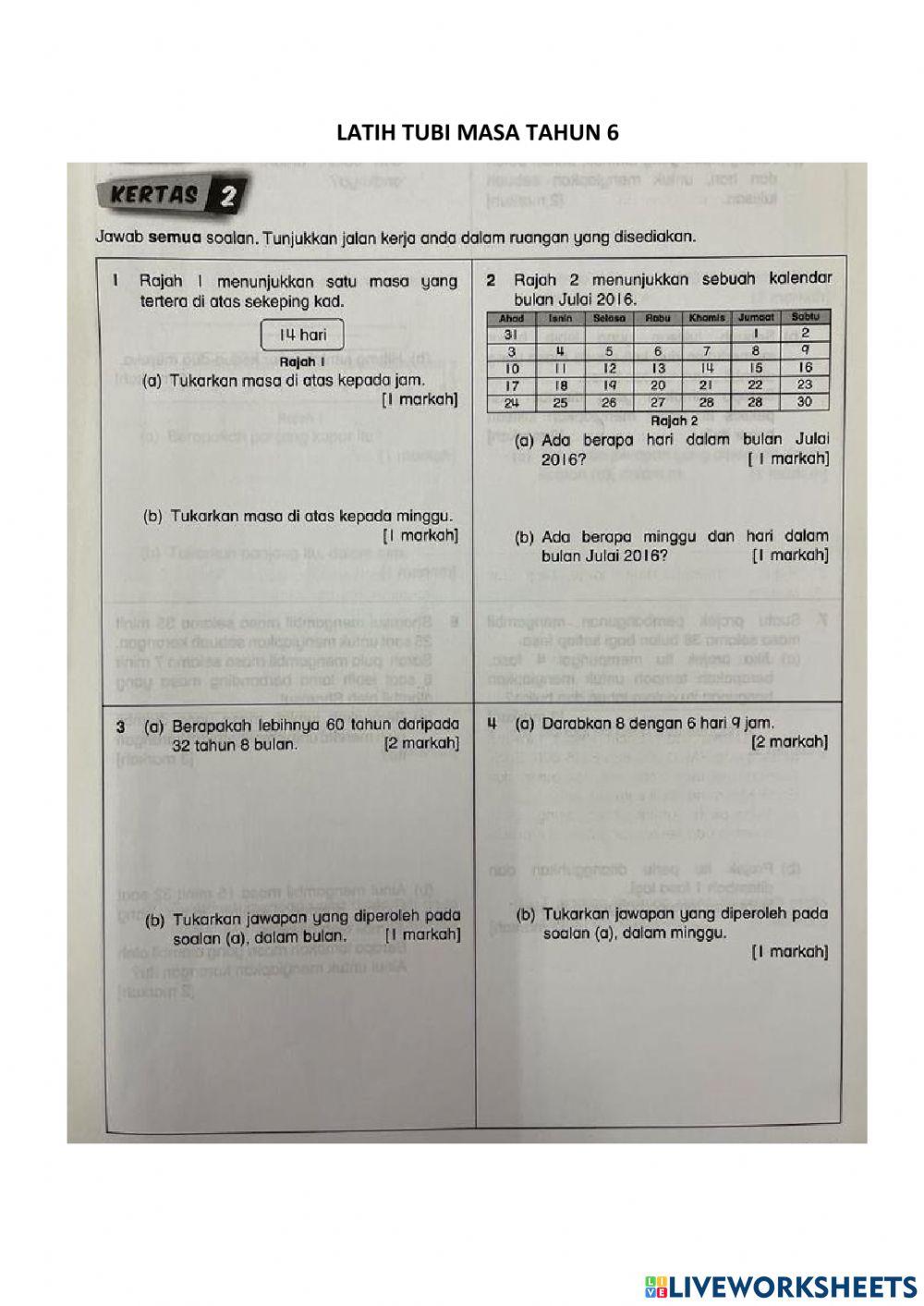 Masa dan waktu tahun 6 worksheet | Live Worksheets
