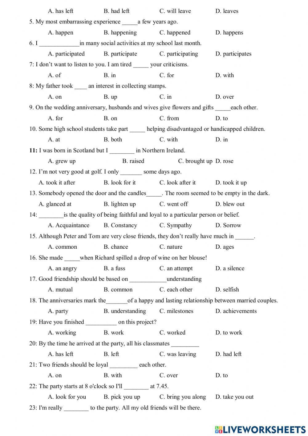 MCQs | Free Interactive Worksheets | 1583639