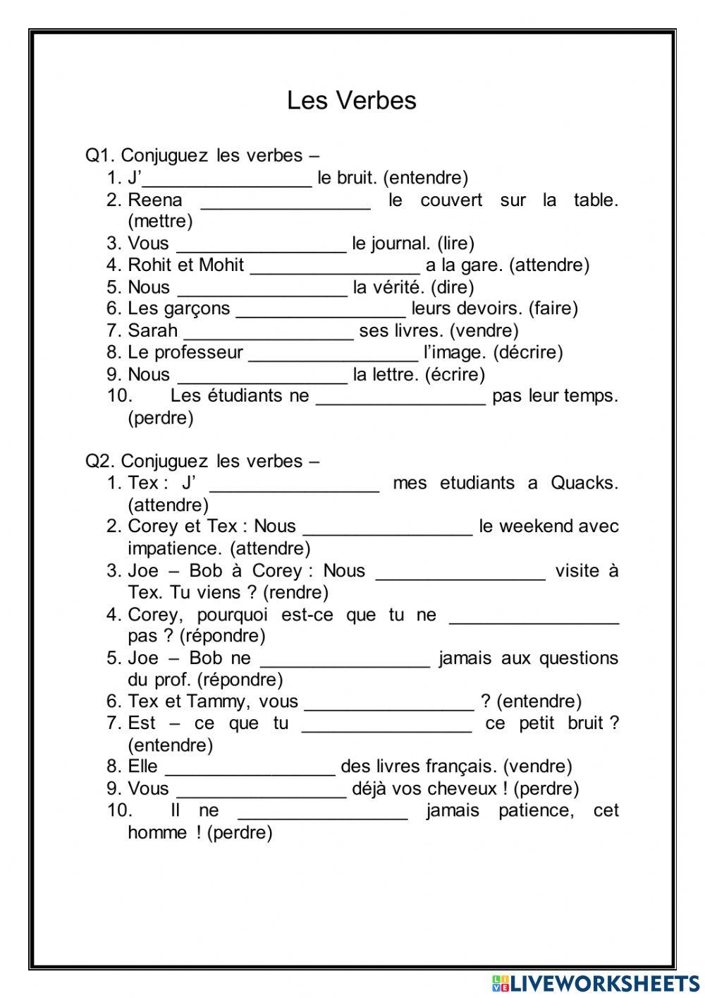 Verbes Français Langue Étrangère (FLE) activity | Live Worksheets