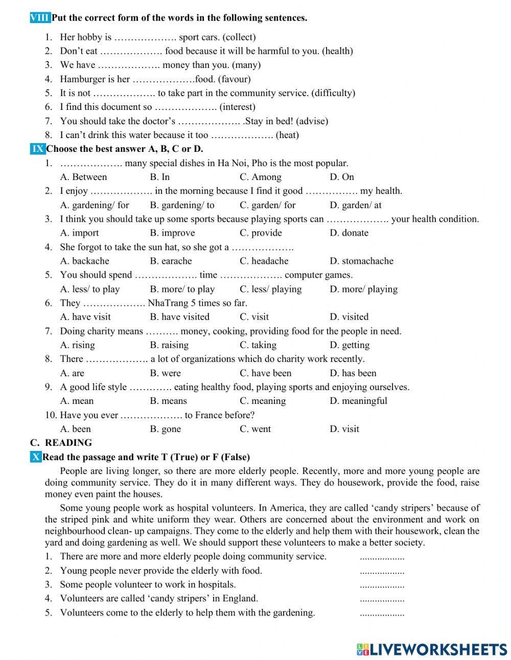 Test - Class 7 - Review 2 (Unit 1,2,3 Advanced) worksheet | Live Worksheets