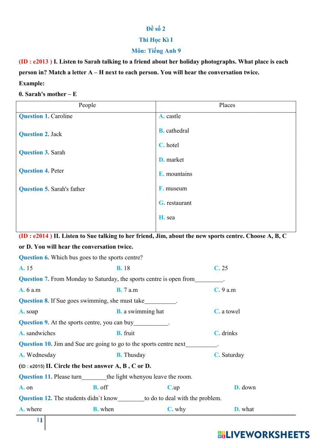 L9-HK1-ĐỀ 2 worksheet | Live Worksheets