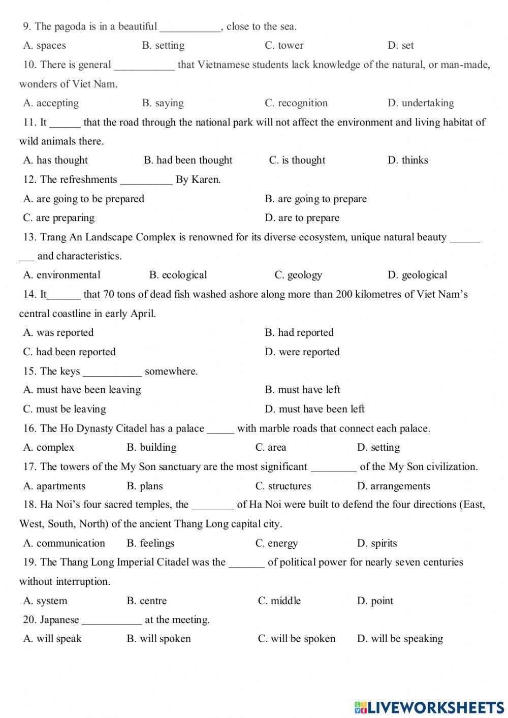 Grade 9 - Unit 5: Vocabulary &Grammar -1,3 worksheet | Live Worksheets