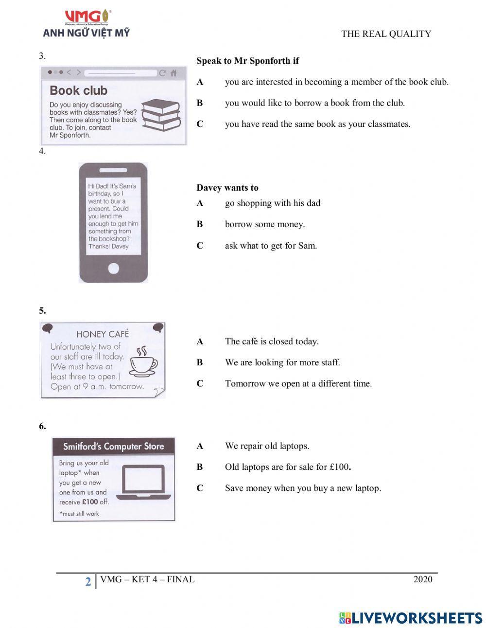 Ket 4 - final test - reading worksheet | Live Worksheets