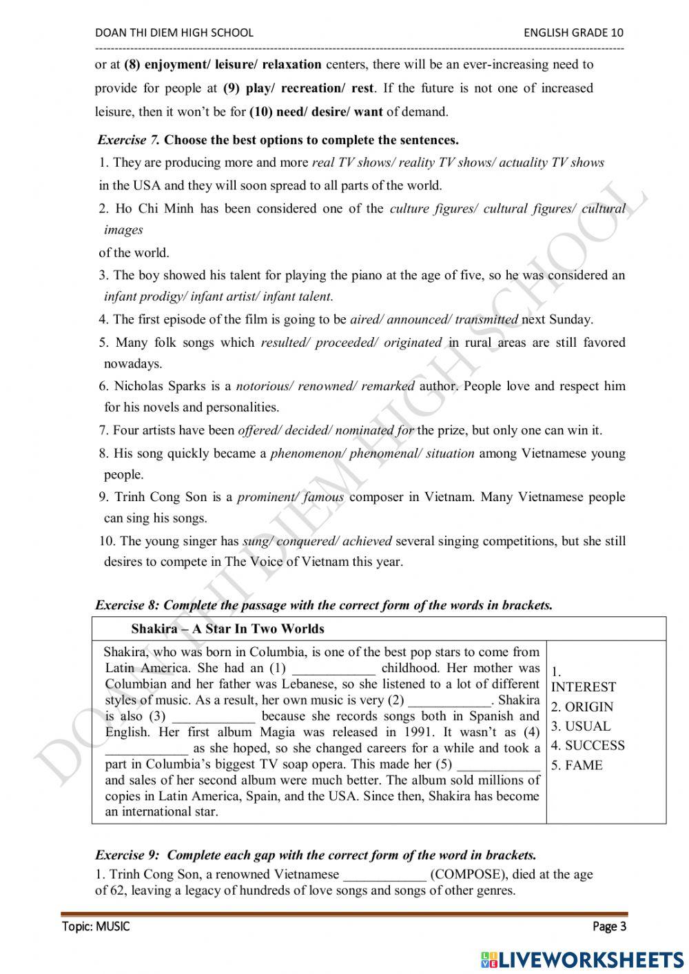 Unit 3: music interactive worksheet | Live Worksheets