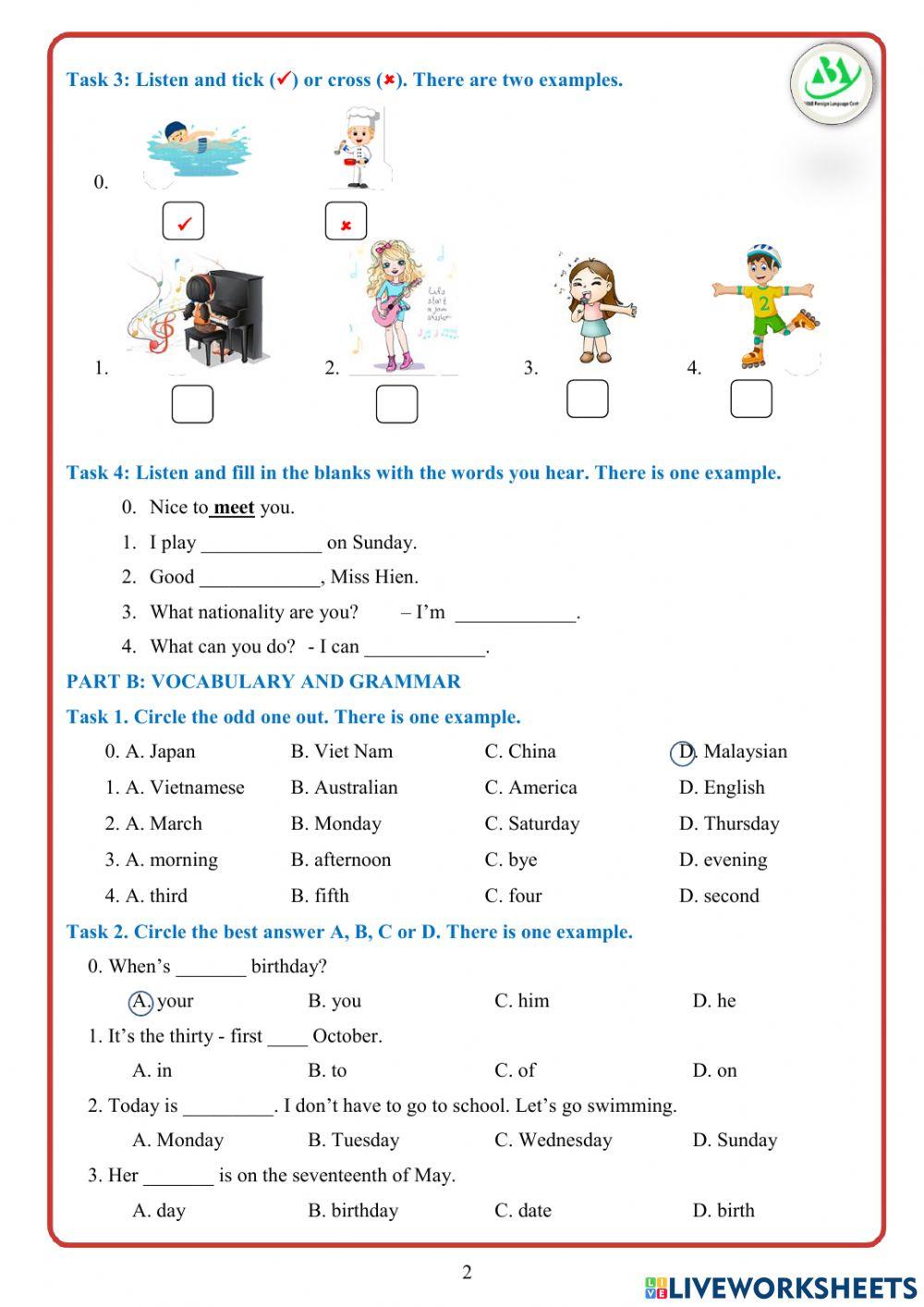 Mid-term 1 - Grade 4 worksheet | Live Worksheets