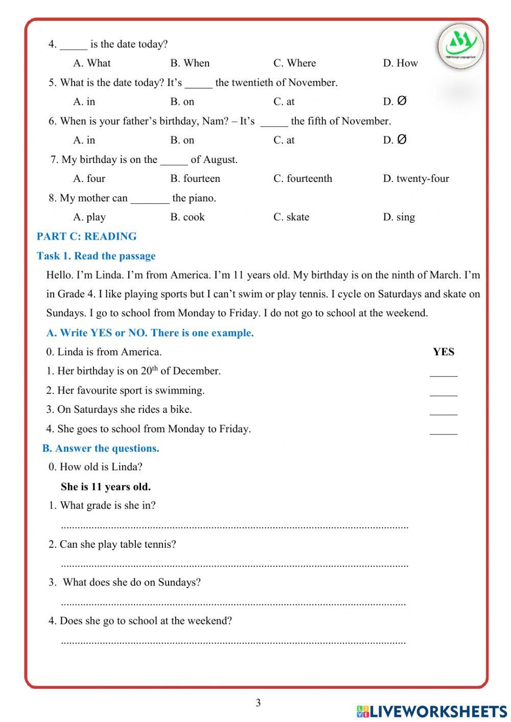Mid-term 1 - Grade 4 worksheet | Live Worksheets