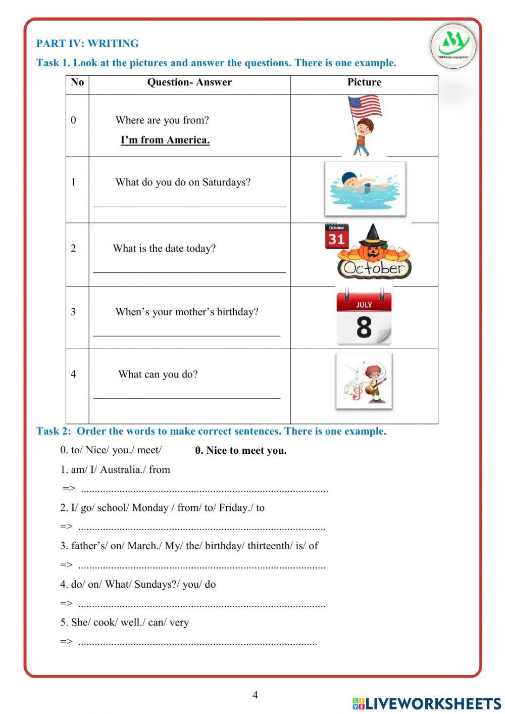 Mid-term 1 - Grade 4 worksheet | Live Worksheets
