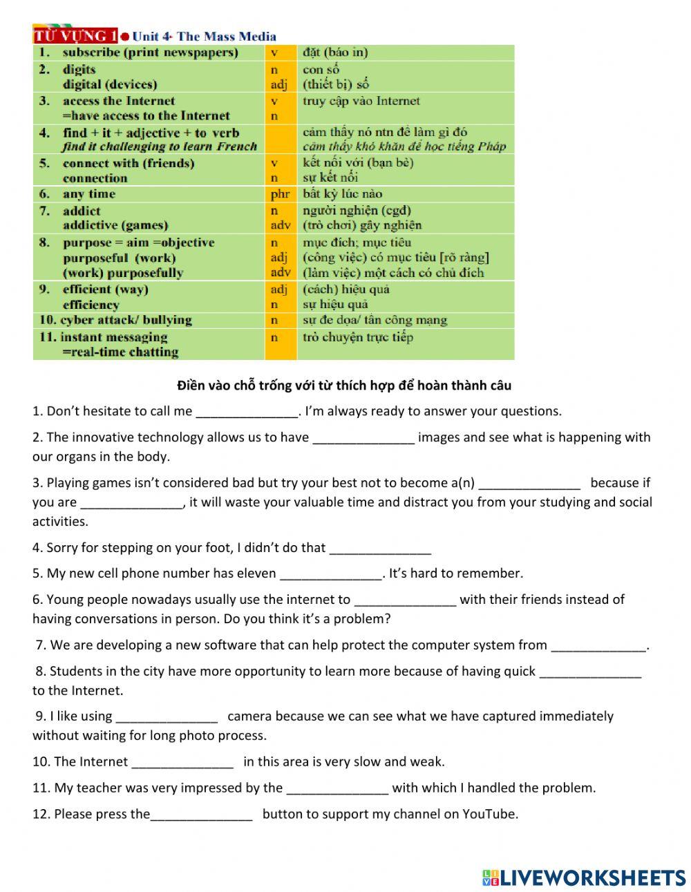 Vocabulary online exercise for 12 | Live Worksheets