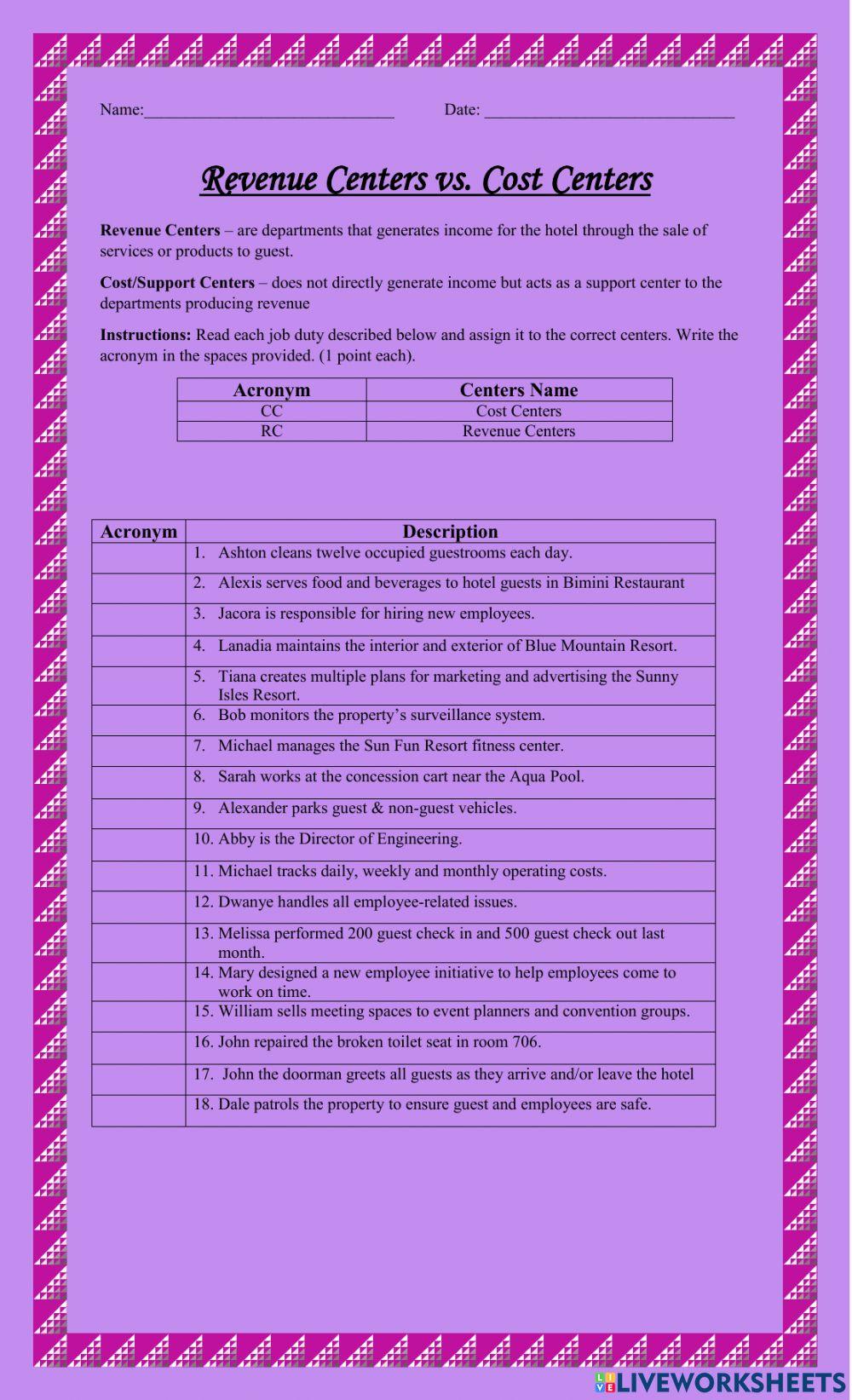 Revenue & Cost Centers worksheet | Live Worksheets