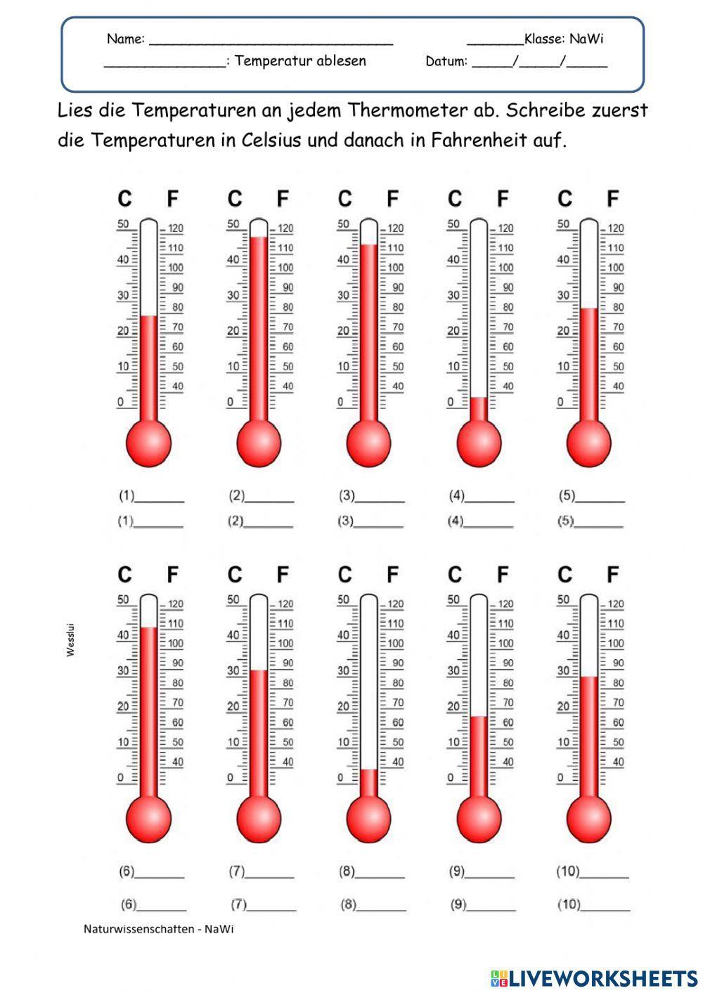 Temperatur ablesen worksheet | Live Worksheets