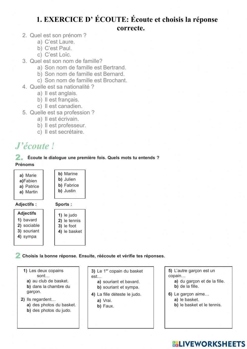 Écoute | Free Interactive Worksheets | 1576656