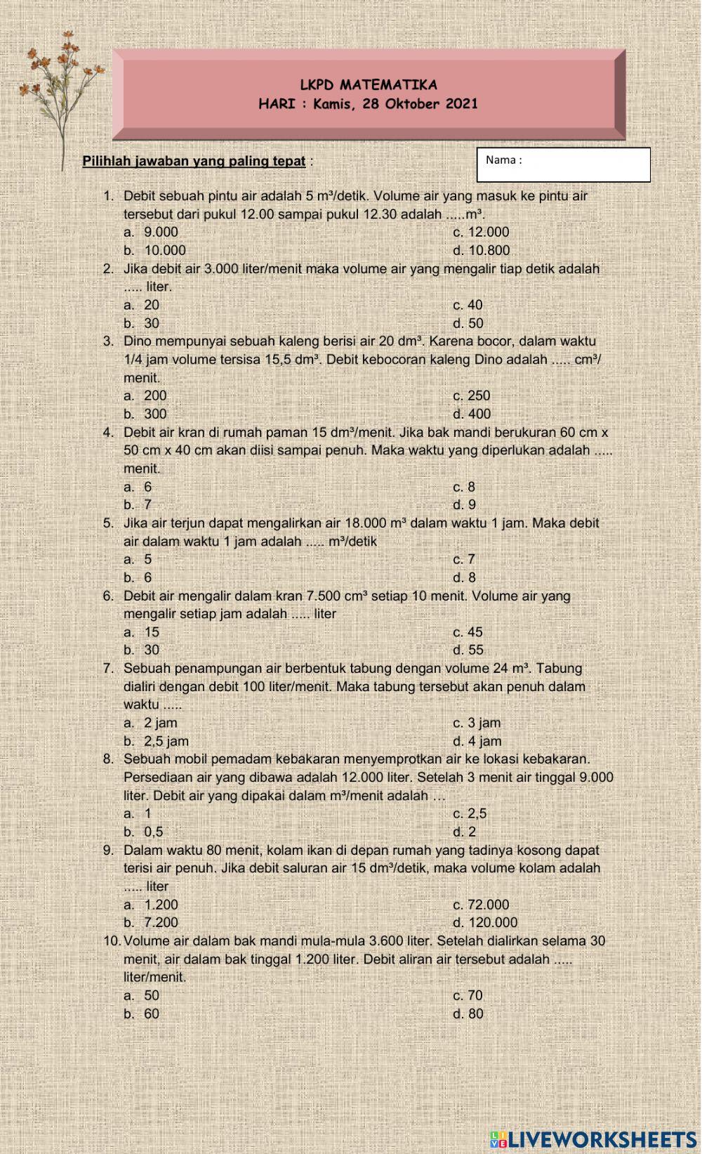 Matematika - Debit- PG worksheet | Live Worksheets
