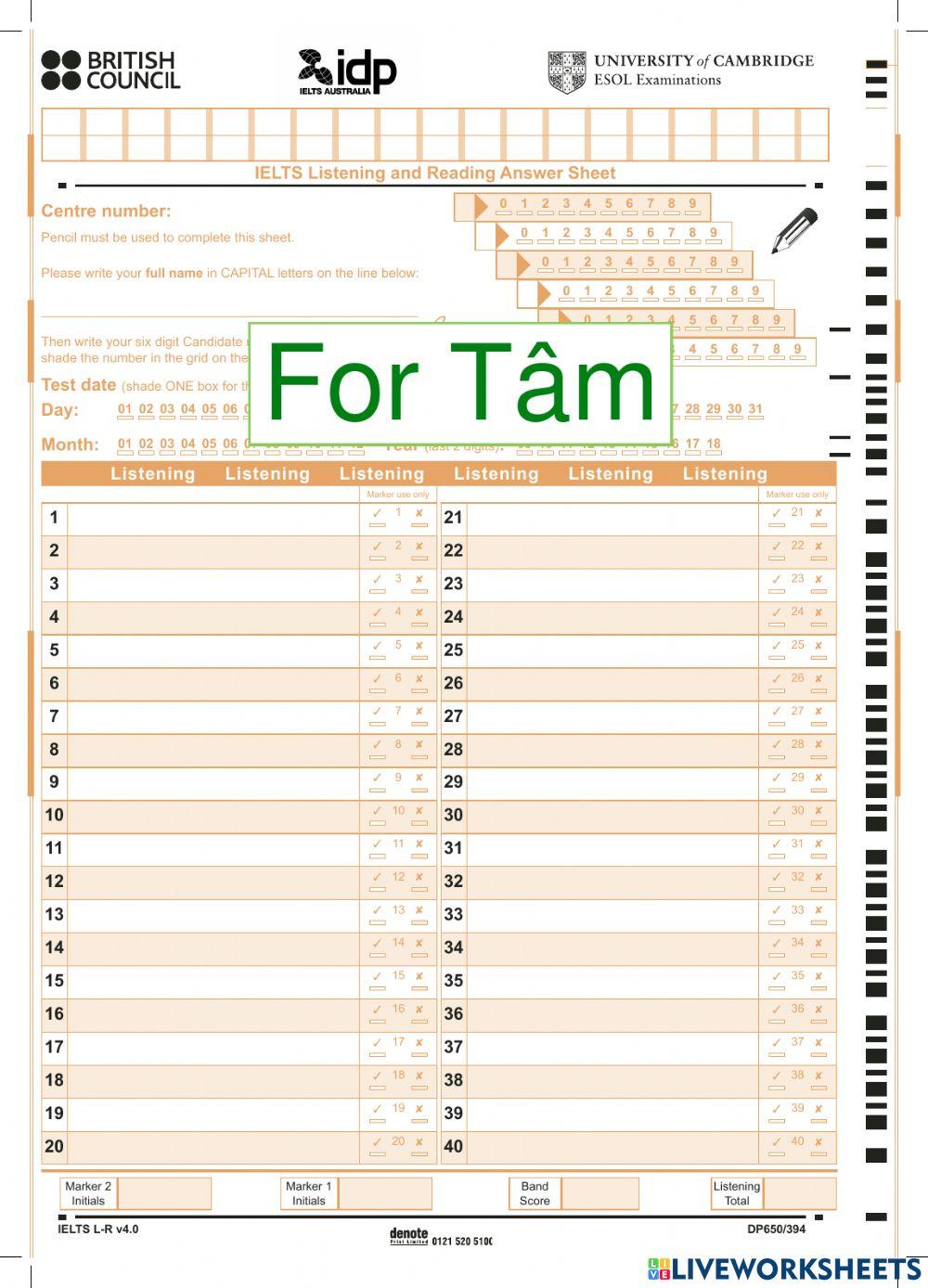 L answer sheet - Trainer Test 3 worksheet | Live Worksheets