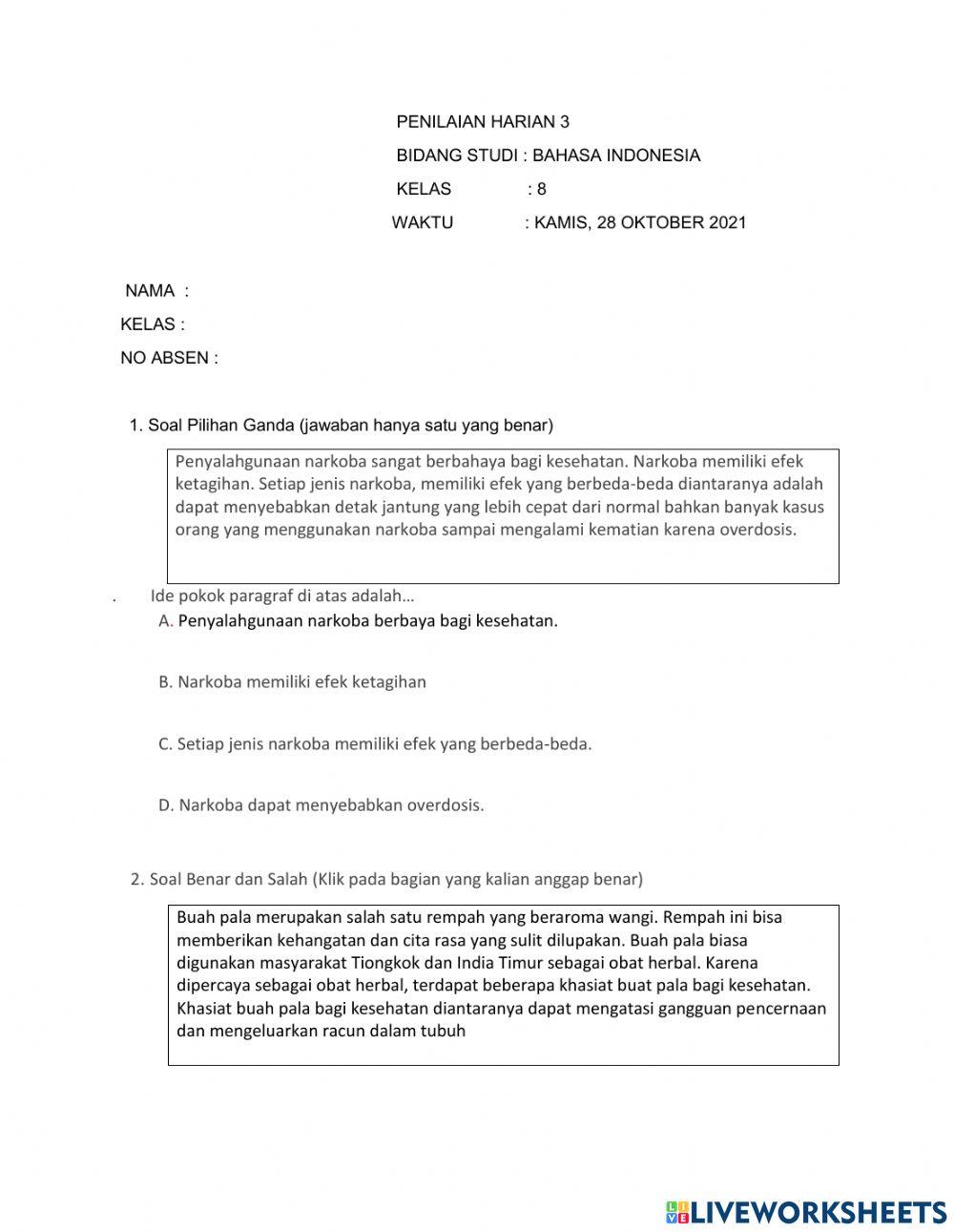 Penilaian harian 3 bindo kelas 8 worksheet | Live Worksheets