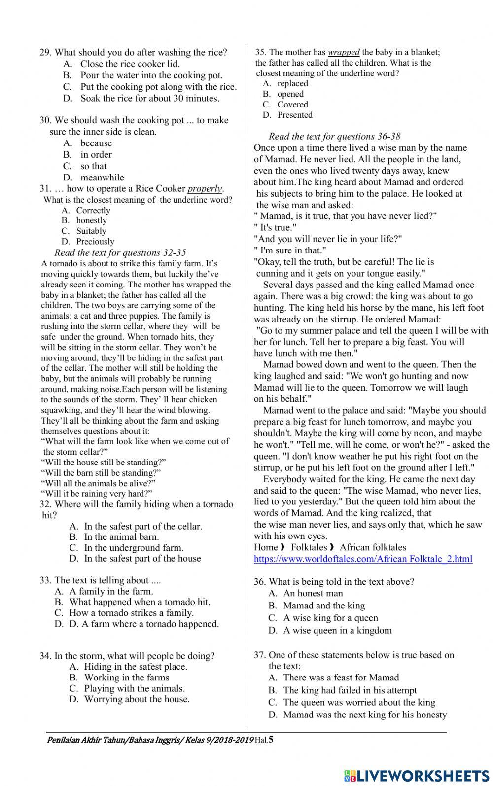 BAHASA iNGGRIS interactive worksheet for 9 | Live Worksheets