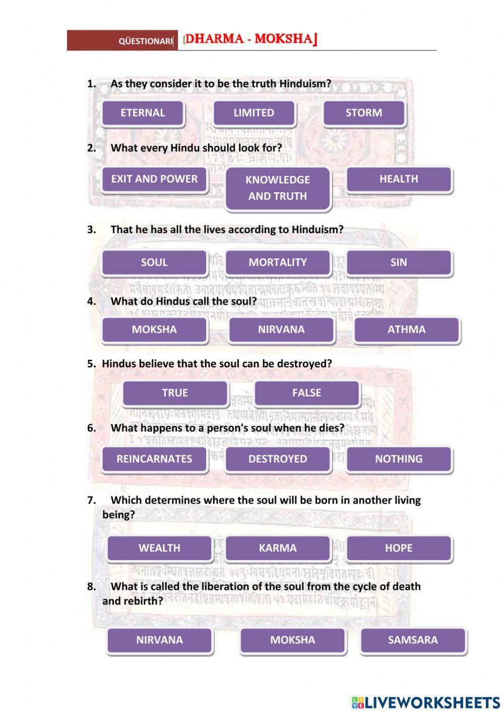 Dharma worksheet | Live Worksheets