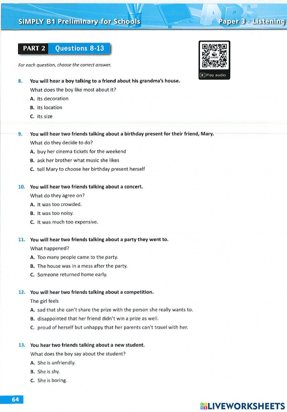 Simply PET Test 3 part 1+2 worksheet | Live Worksheets