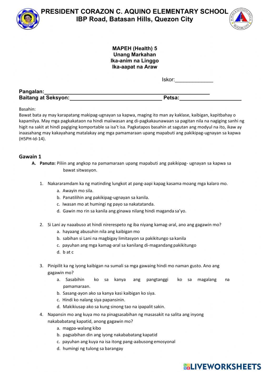 Health Quarter 1 Week 1 Day 4 interactive worksheet | Live Worksheets