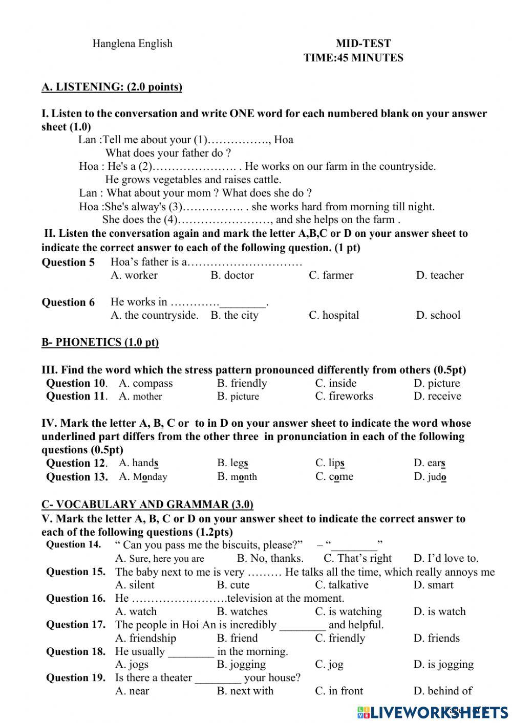 English test online exercise for Grade 6 | Live Worksheets