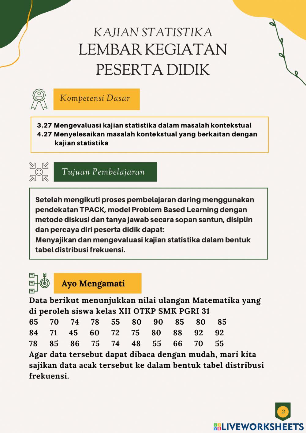 Tabel Distribusi Frekuensi activity | Live Worksheets