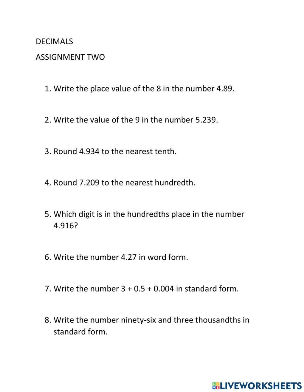 Decimals interactive activity for 6 | Live Worksheets