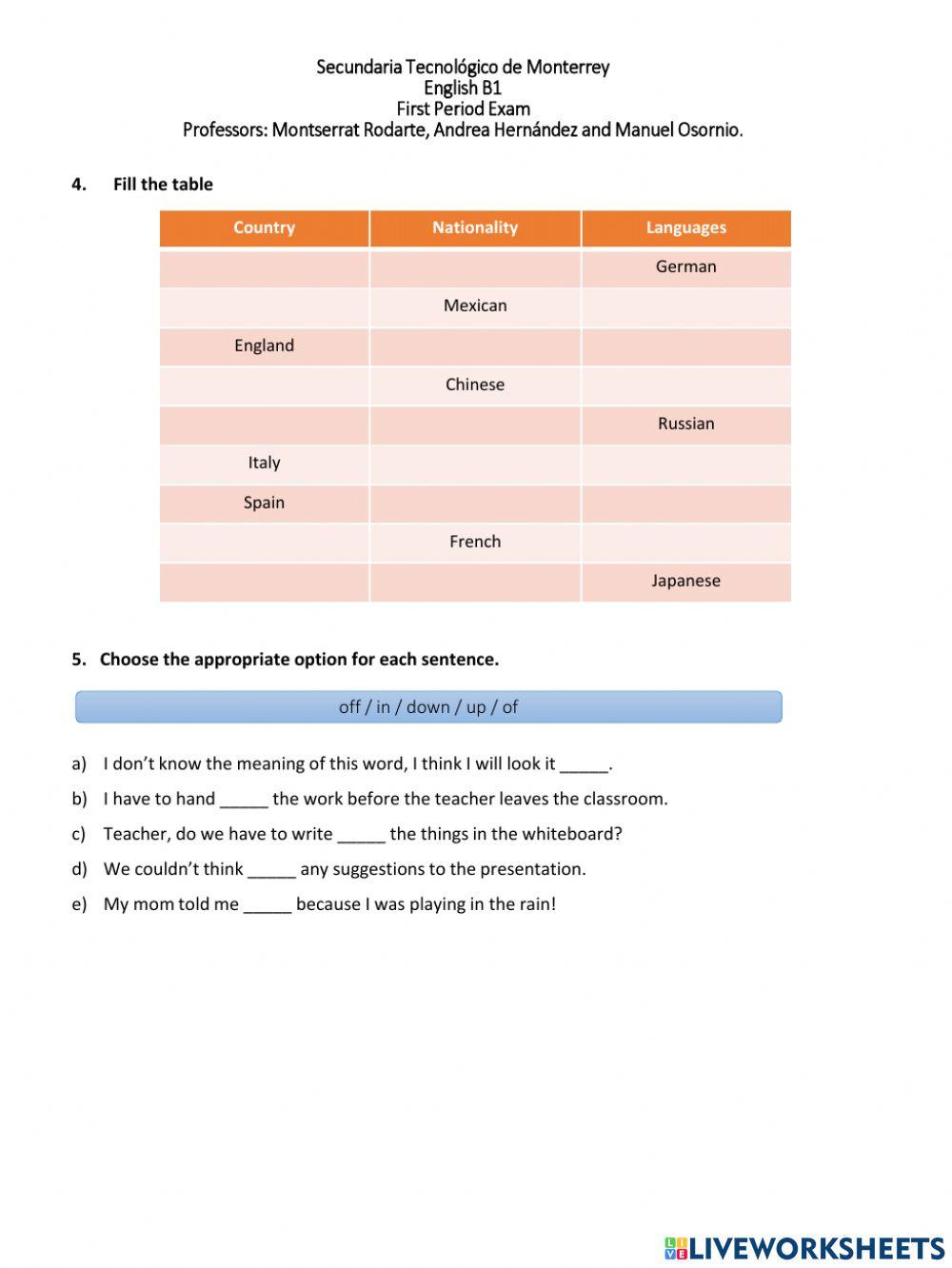 1st Period Exam B1 worksheet | Live Worksheets