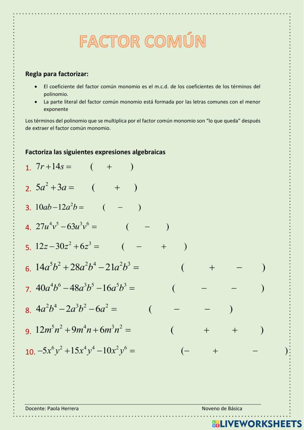 1580968 | Factor común | PAOLA HERRERA | LiveWorksheets