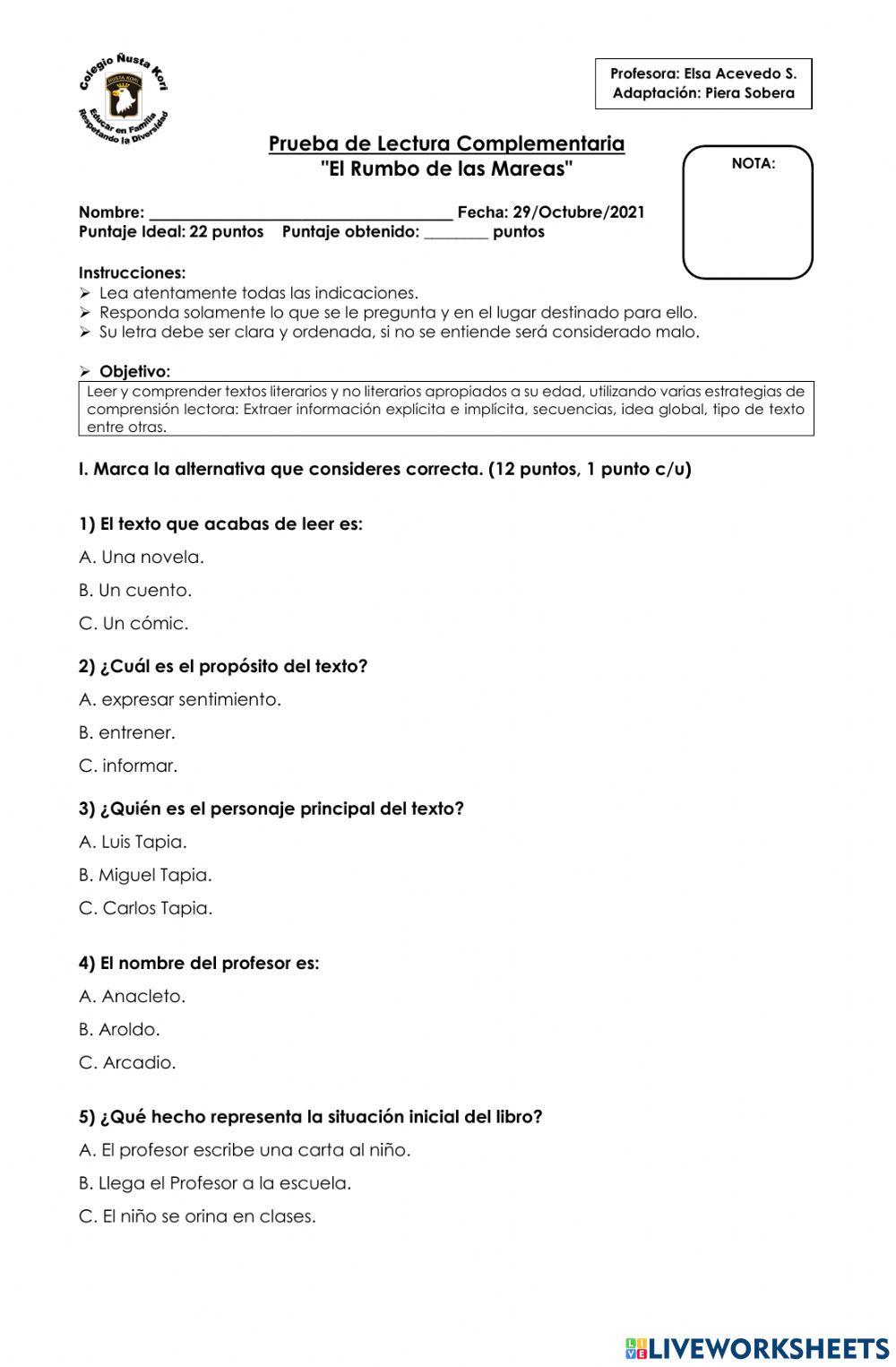 Evaluación Complementaria interactive worksheet | Live Worksheets