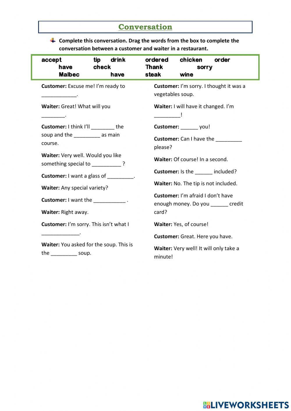 Conversation in a restaurant activity | Live Worksheets