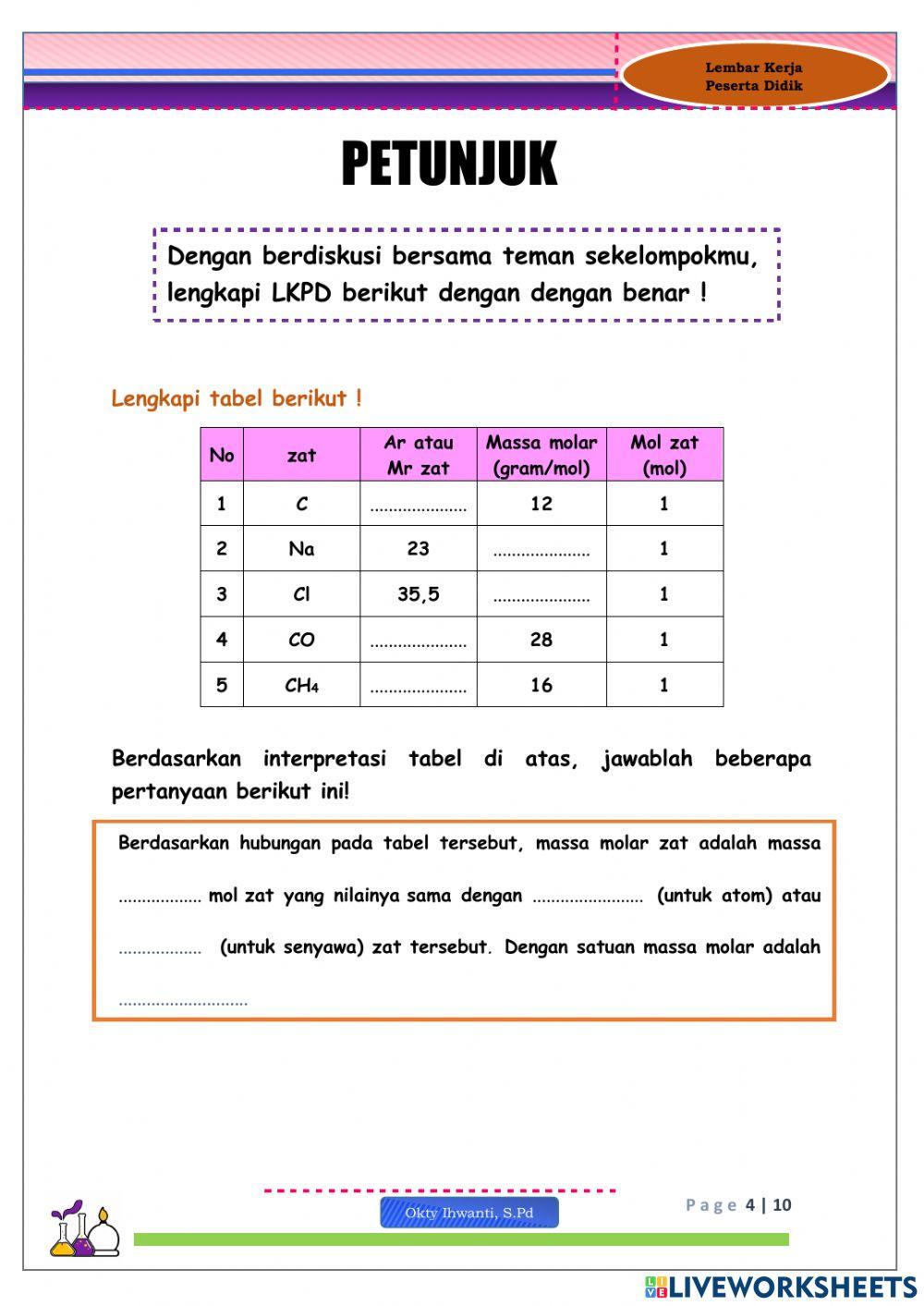 LKPD-Massa molar zat dan Volume molar gas worksheet | Live Worksheets