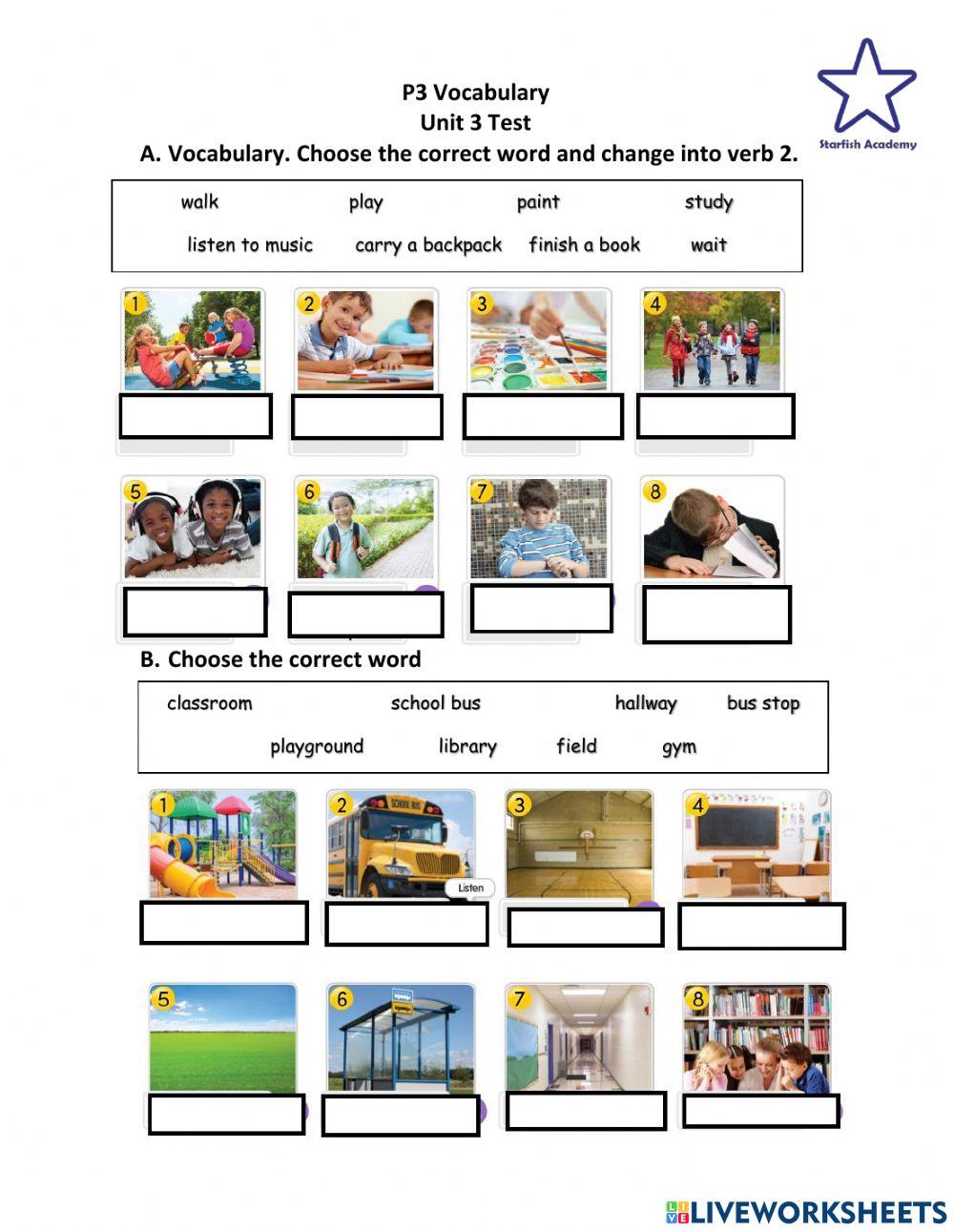 P3 unit 3 Vocabulary test worksheet | Live Worksheets