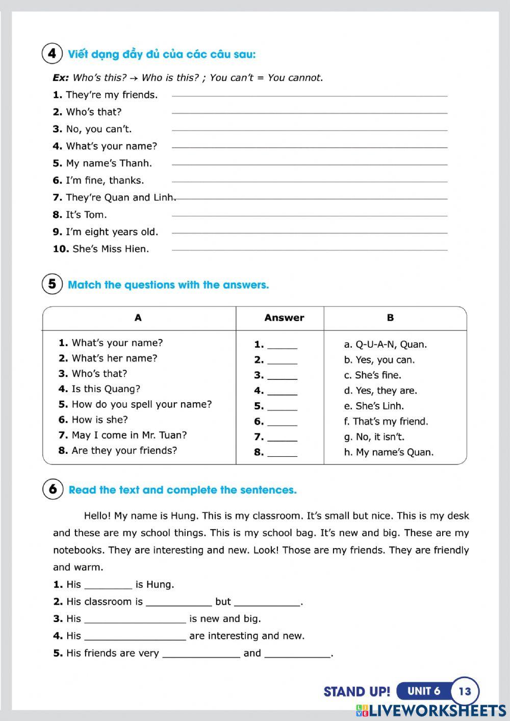 Unit 6: Stand u… | Free Interactive Worksheets | 1583057