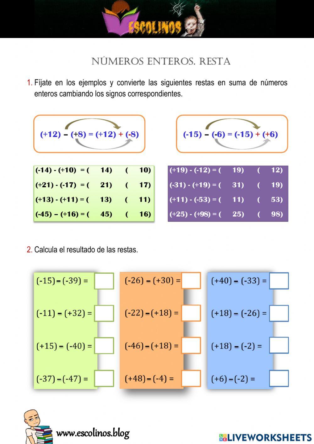 Números enteros. Resta worksheet | Live Worksheets