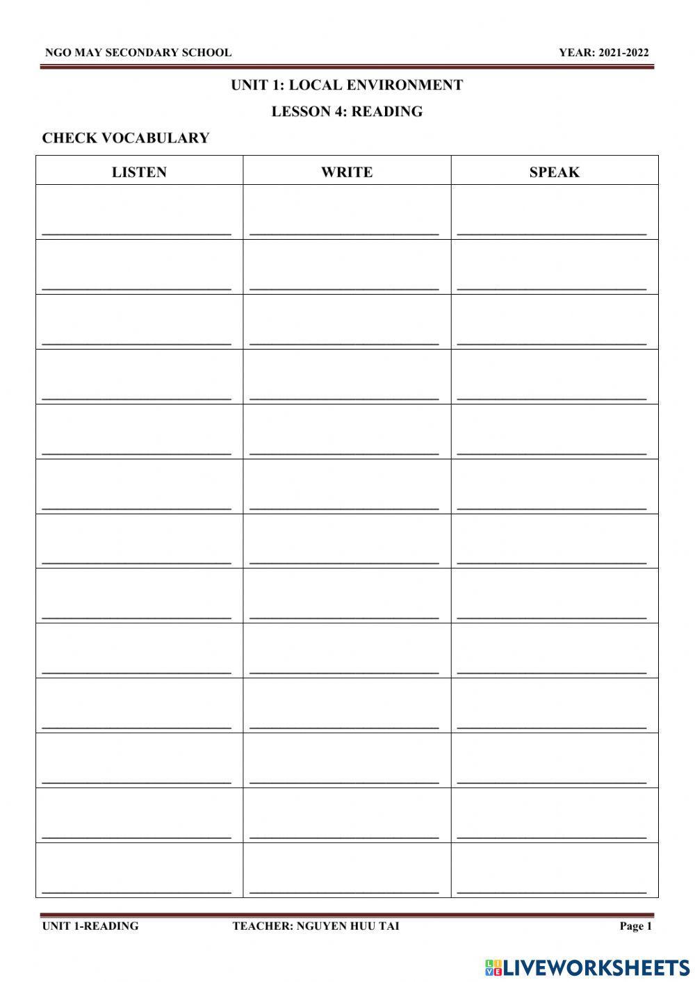 E.9-unit 1-reading-check vocabulary worksheet | Live Worksheets