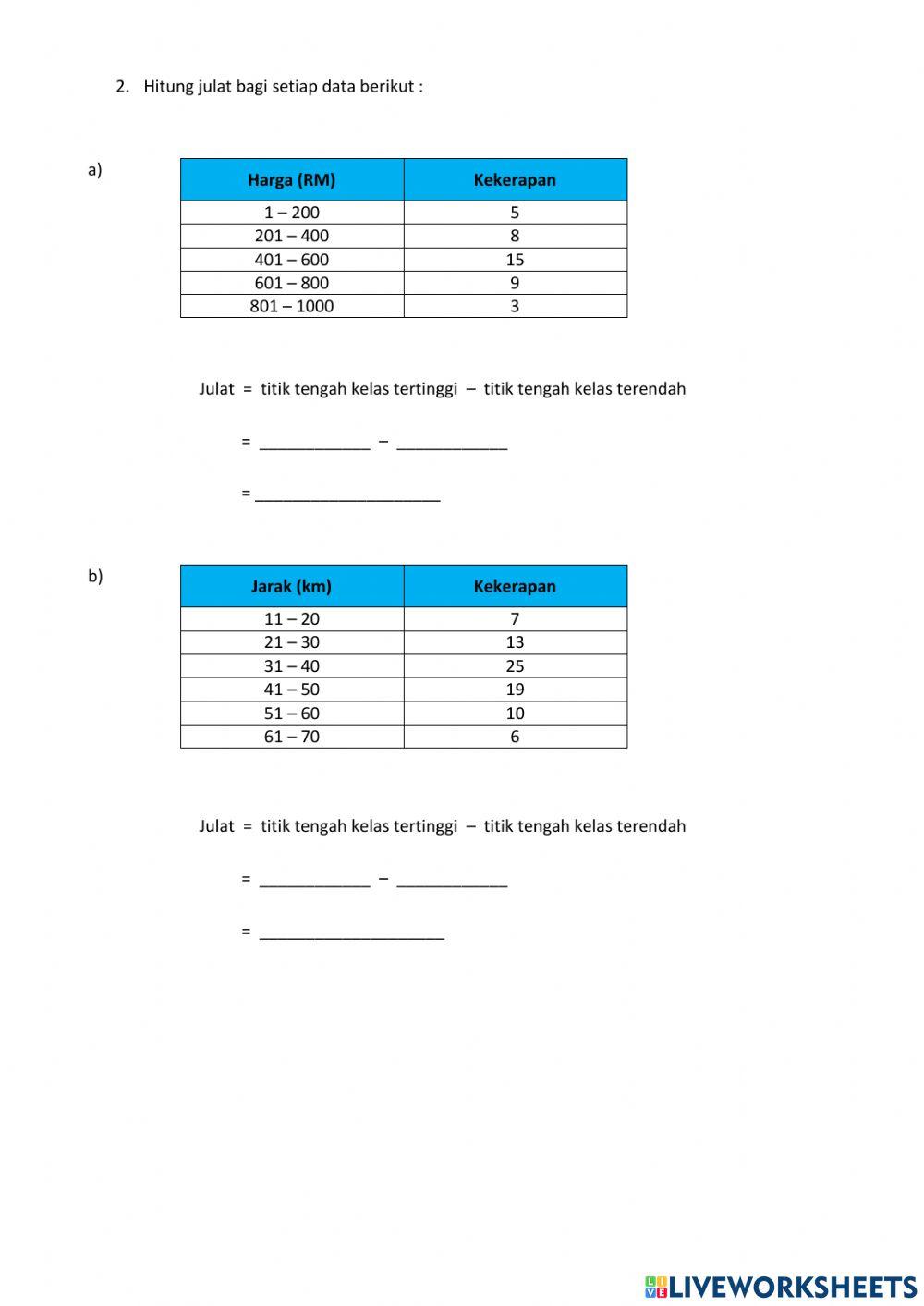 Menghitung julat bagi data terkumpul worksheet | Live Worksheets