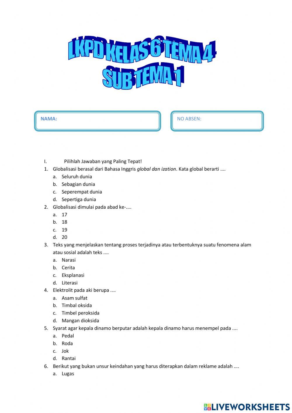 Kelas 6 tema 4 sub tema 4 worksheet | Live Worksheets