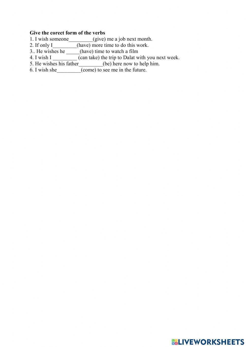 Exercise on wish sentences worksheet | Live Worksheets