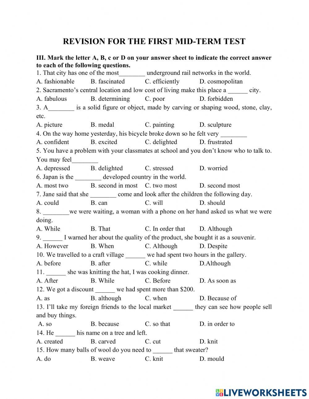 Revision for the first mid-term test worksheet | Live Worksheets