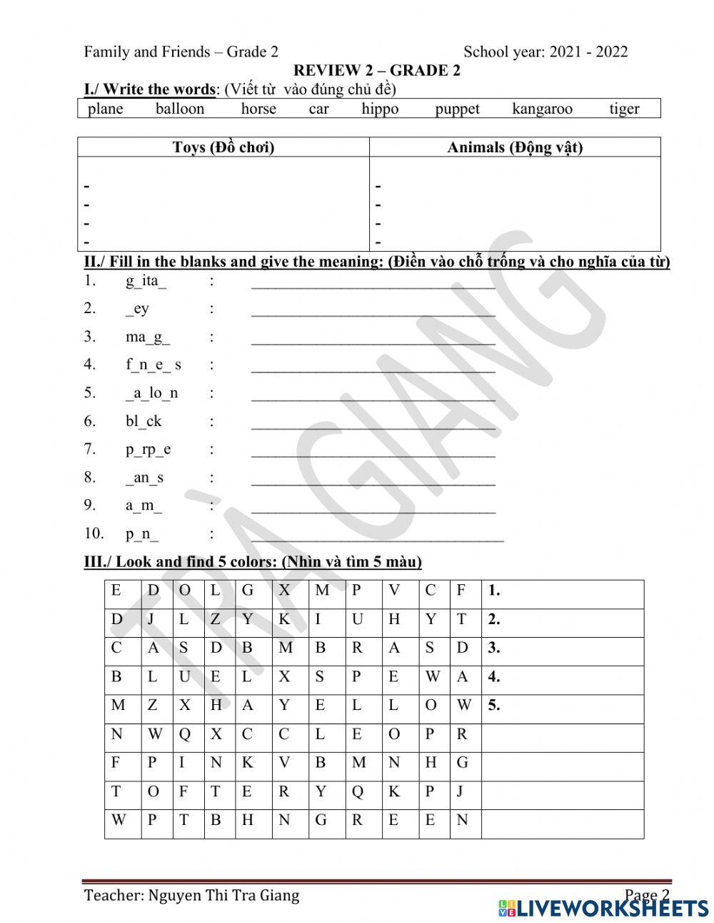 Tieng Anh Lop 2-P1 worksheet | Live Worksheets