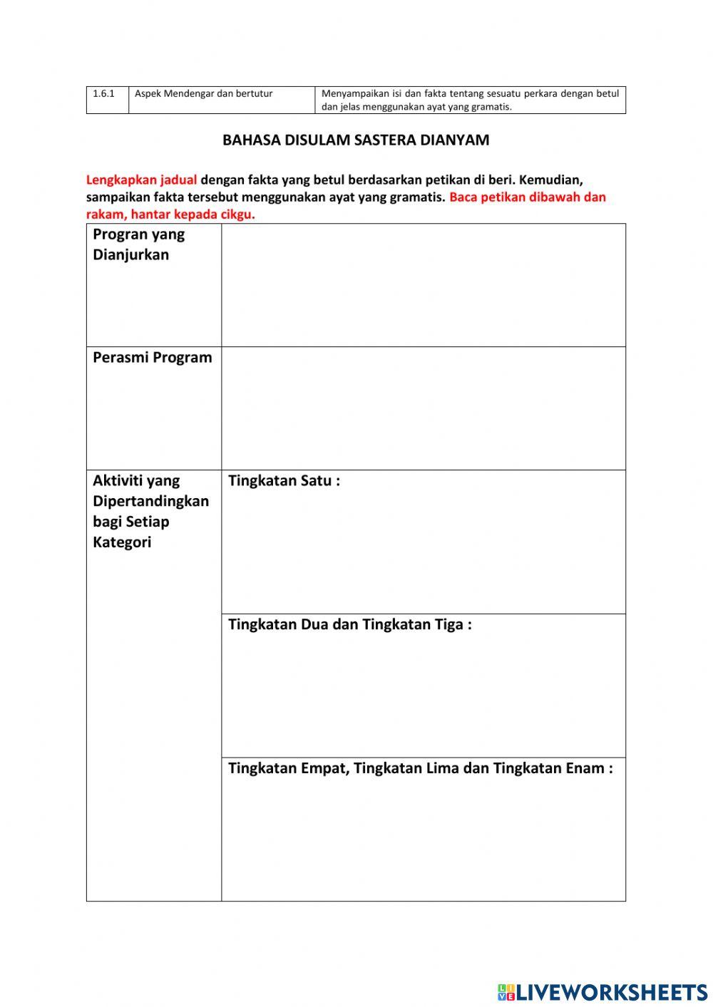 1.6.1 Bahasa Disulam Sastera Dianyam worksheet | Live Worksheets