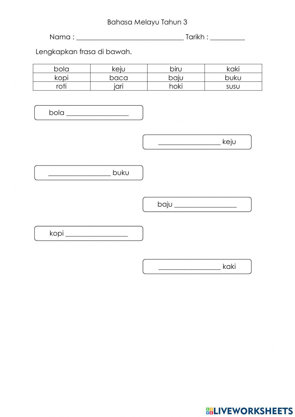 Tulis frasa 1 worksheet | Live Worksheets