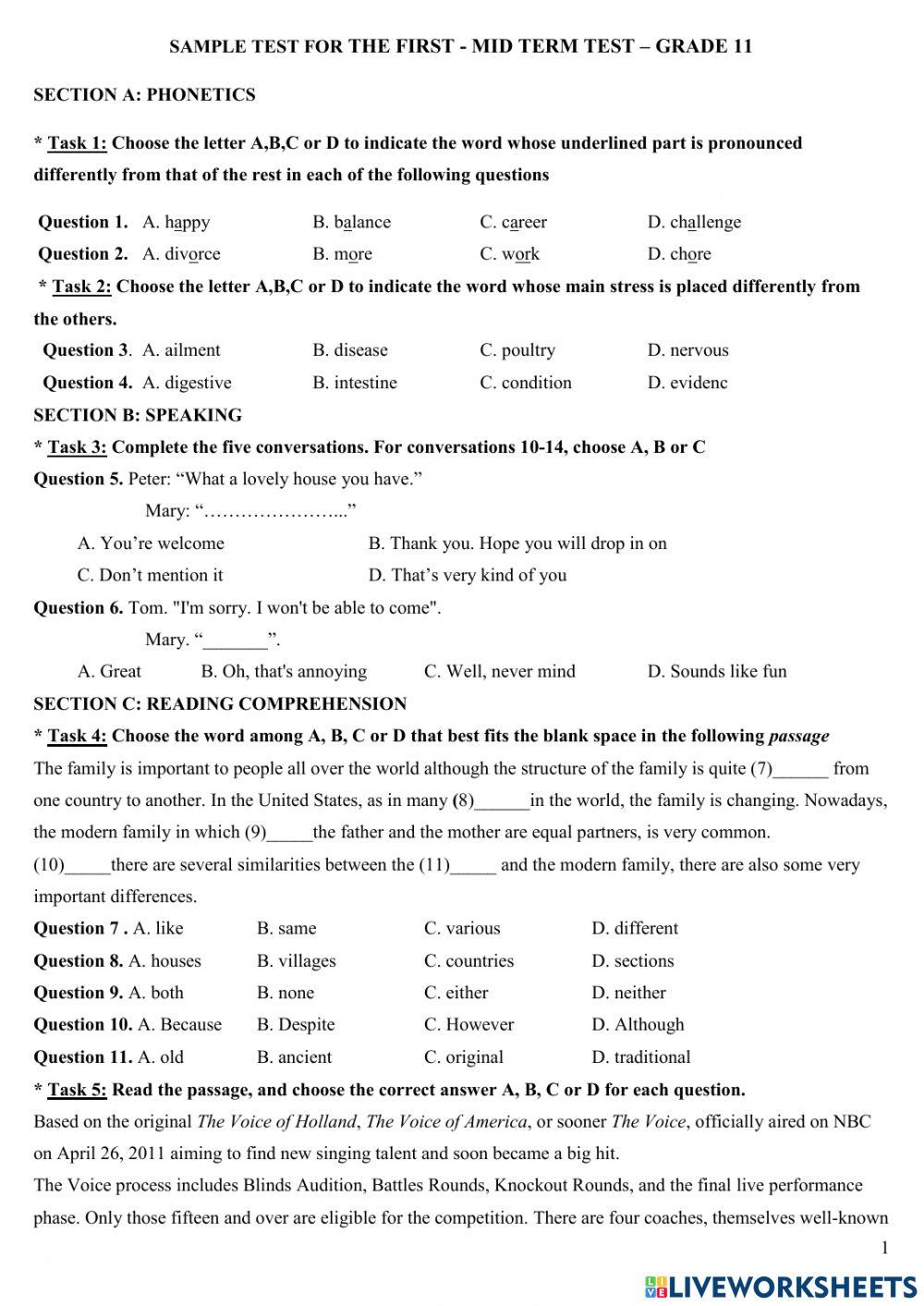 Sample test for the first - mid term test – grade 10 worksheet | Live ...