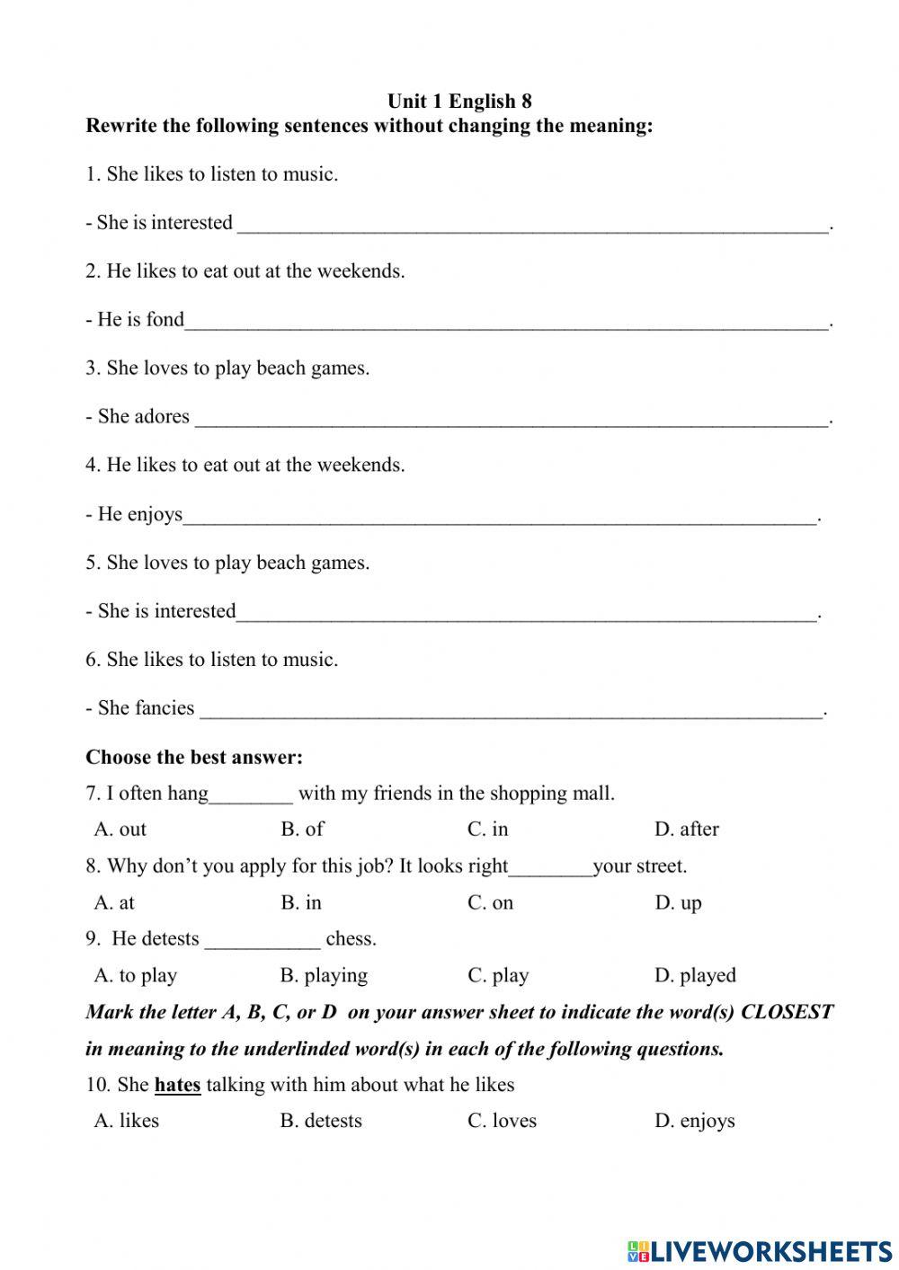 G8- Exercise Unit1 worksheet | Live Worksheets