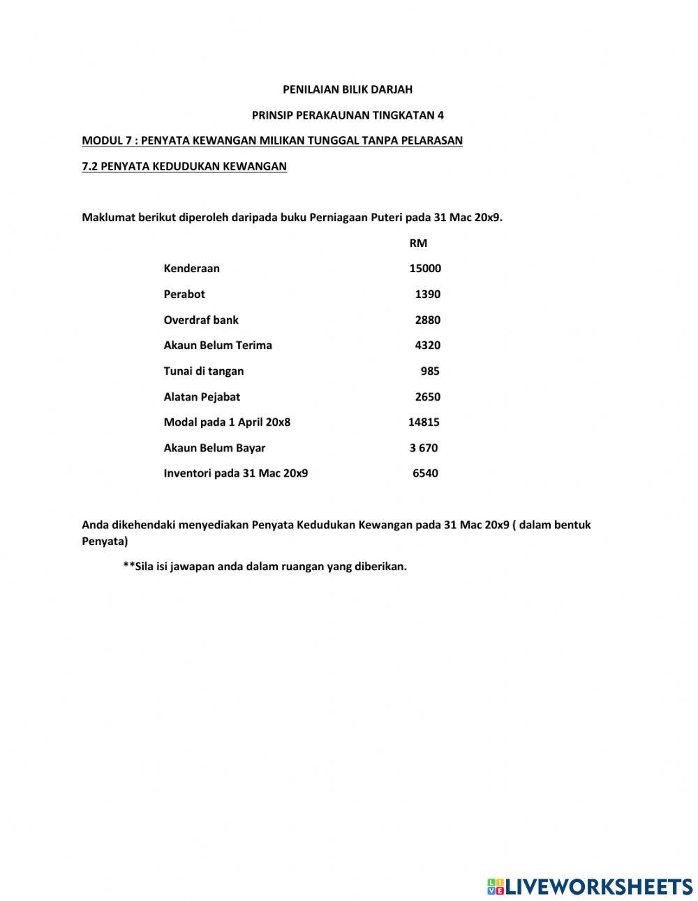 4193340 | Latihan PBD 7.2 Penyata Kedudukan Kewangan
