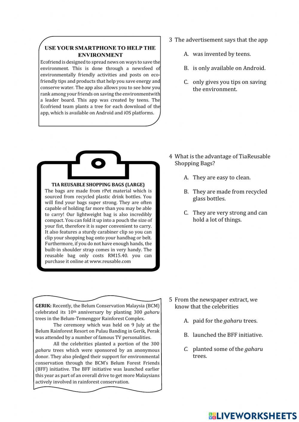 Reading paper | Live Worksheets