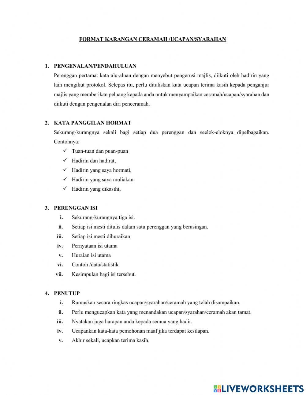Karangan ceramah-ucapan-syarahan worksheet | Live Worksheets