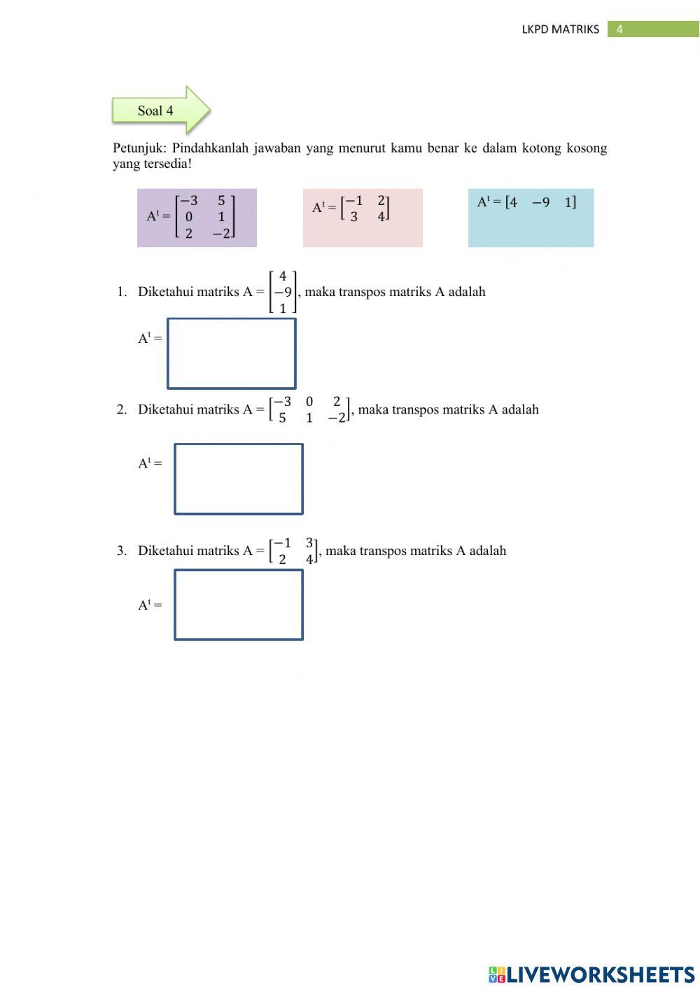 LKPD Jenis-jenis Matriks, Kesamaan, Transpos Matriks worksheet | Live ...