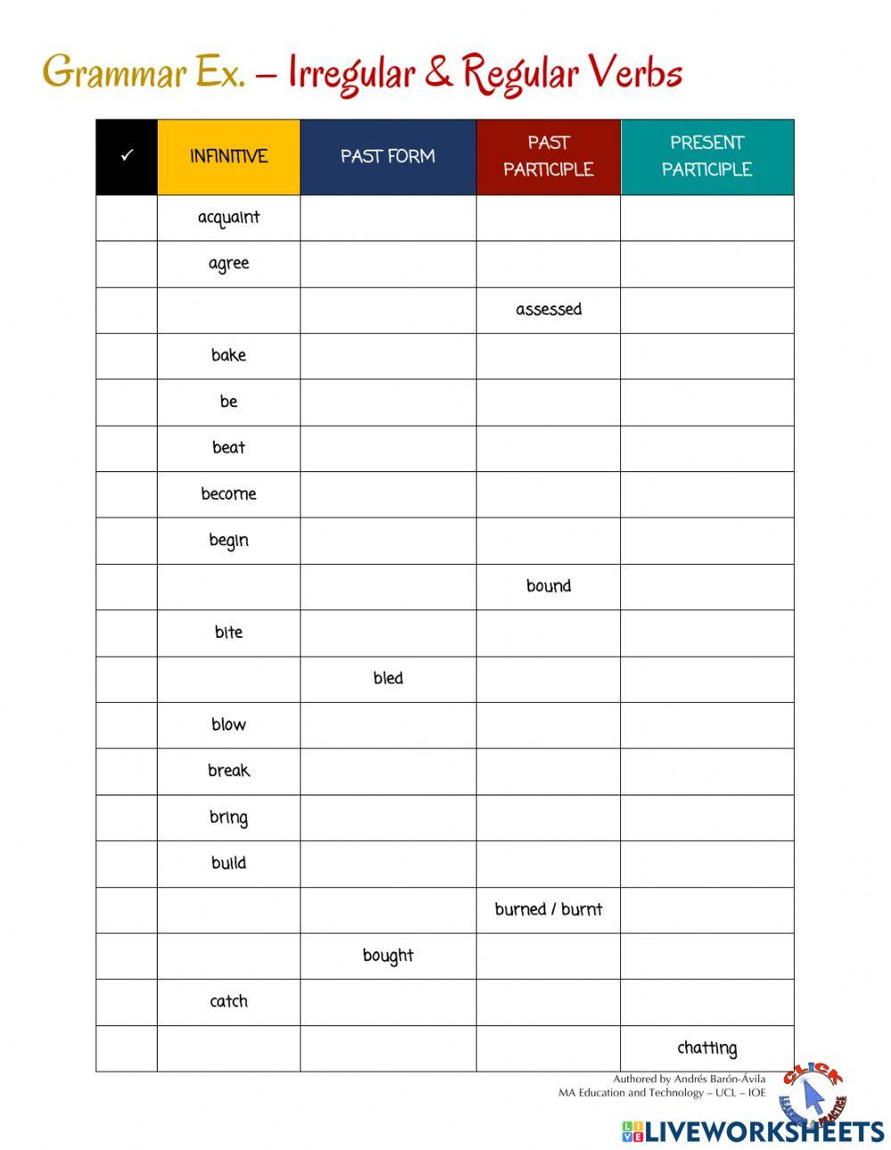 Grammar Ex. - List of Verbs worksheet | Live Worksheets